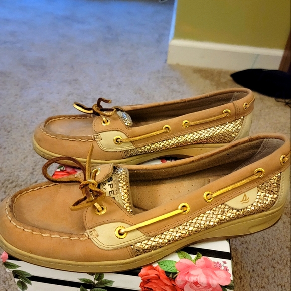 Sperry | Shoes | Sperry Topsider Angelfish Tan Leather Gold Sequin Boat ...